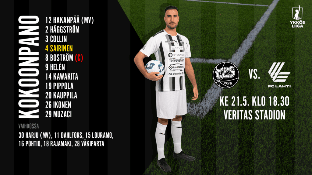 Kokoonpano Ykkösliigan otteluun TPS – FC Lahti ke 21.5. klo 18.30 - FC TPS