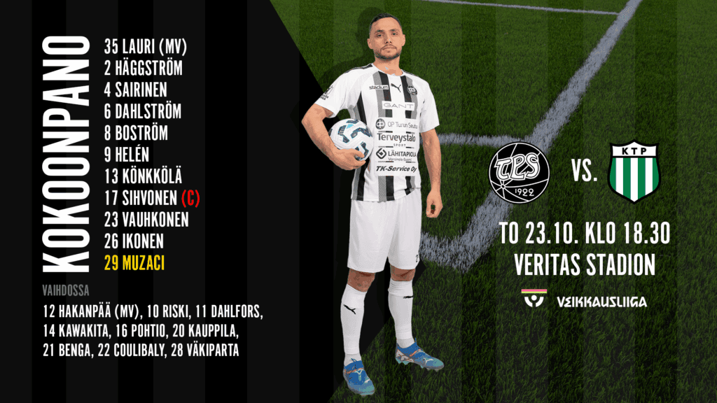 Kokoonpano Veikkausliiga-karsintojen otteluun TPS–KTP to 23.10. klo 18. ...